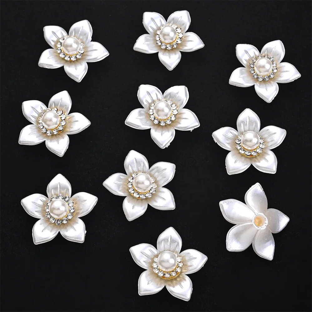 30Pcs Flower Acrylic Patch White With Pearl Beads Patch For Diy Fashion Clothes Bags Hats Hair Accessories And Headwear Sewing