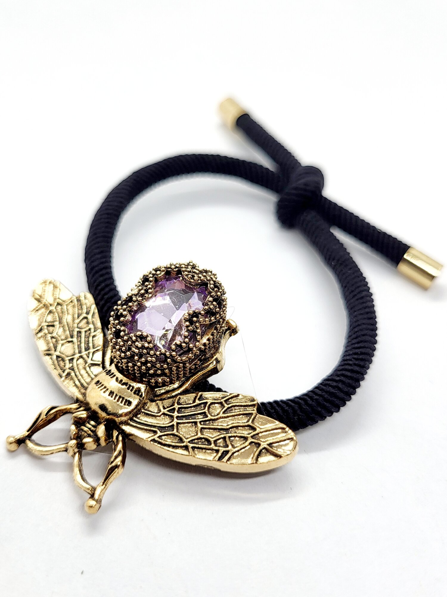 Стильная винтажная резинка для волос с пчелкой и фиолетовым кристаллом от бренда VERBA