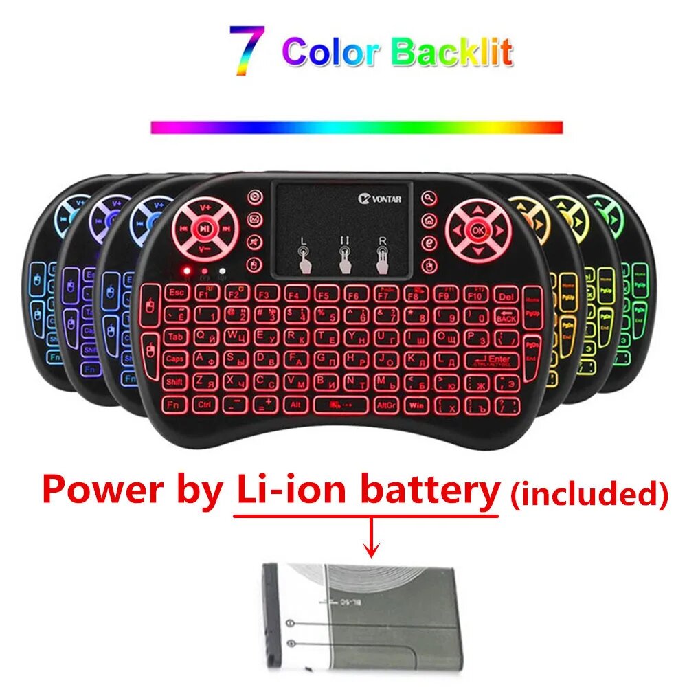 Беспроводная мини-клавиатура VONTAR i8 с подсветкой 7 цветов English Version, backlit black Li-ion