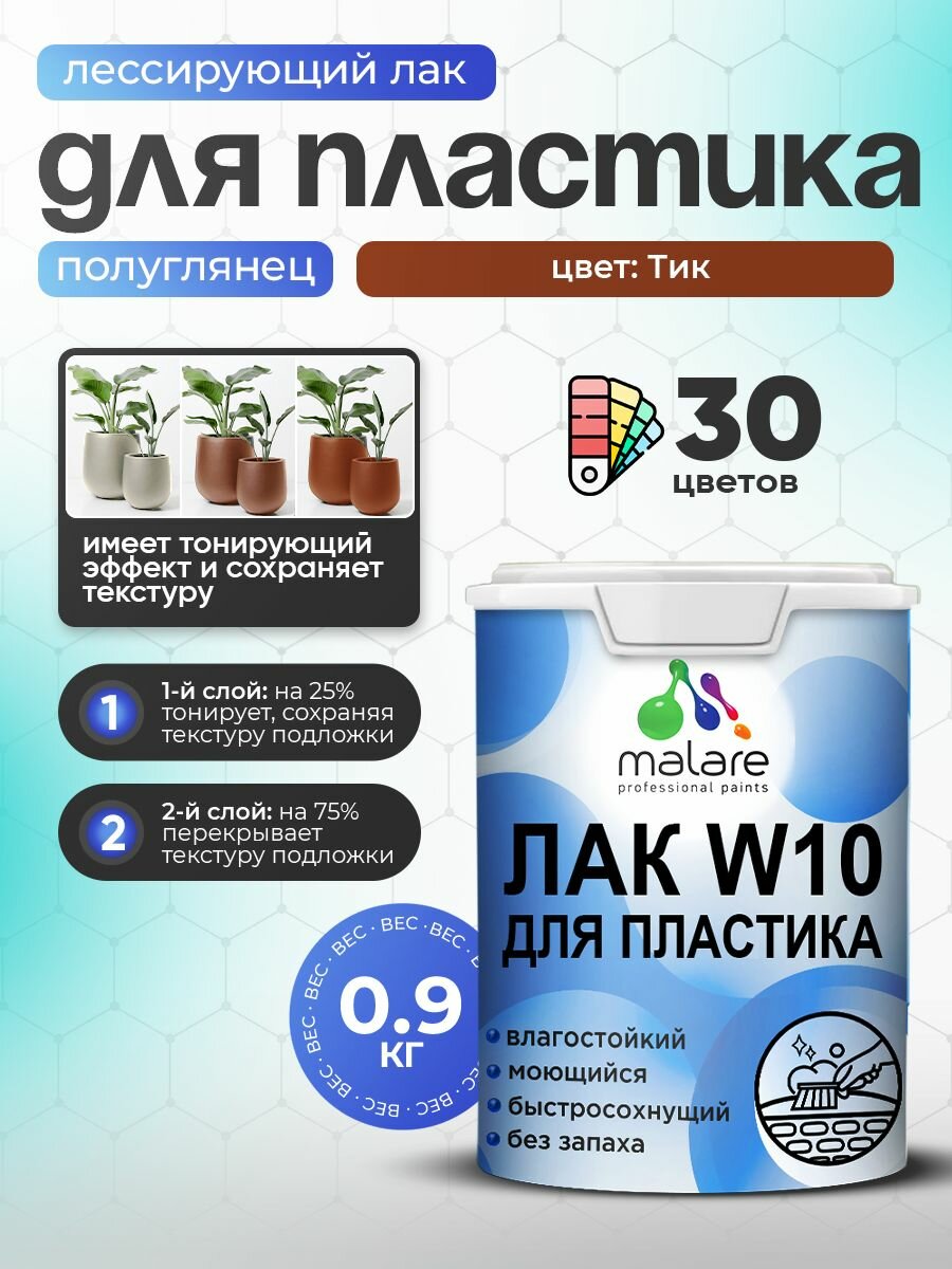 Лак колерованный тонирующий для защиты пластика Malare W10 акриловый моющийся быстросохнущий, полуглянцевый, тик, 0.9 кг.