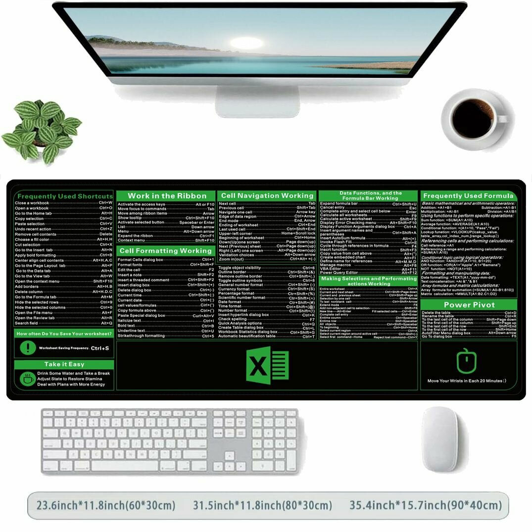 Коврик для мыши Excel Shortcuts Большой настольный коврик 400x900x3мм