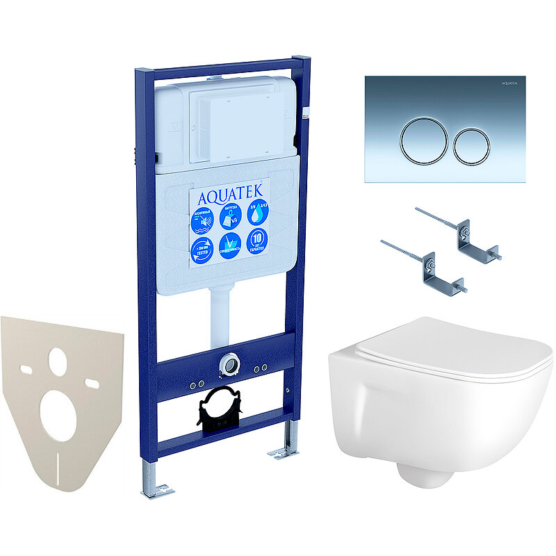 Комплект унитаза с инсталляцией Aquatek Set Aquatek Дива-018 4в1 с сиденьем Микролифт и клавишей смыва Хром глянцевый
