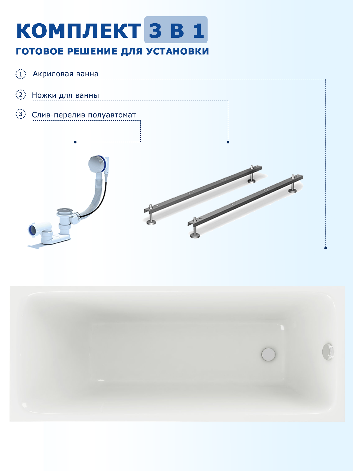 Акриловая ванна Акватек Мия 170 см с ножками + слив-перелив полуавтомат