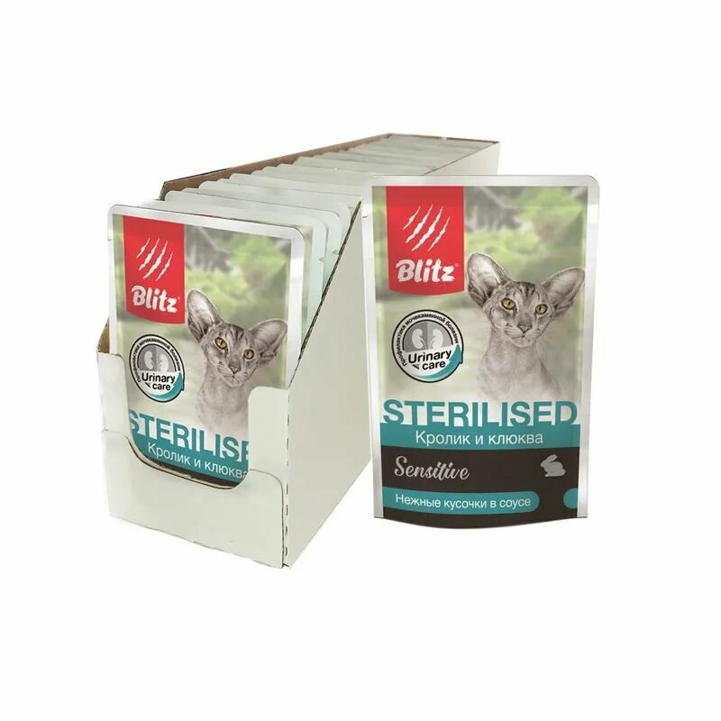 Консервированный влажный корм Blitz Sensitive Sterilised Cat для стерилизованных кошек (кролик и клюква) полнорационный, 24 шт по 85 г