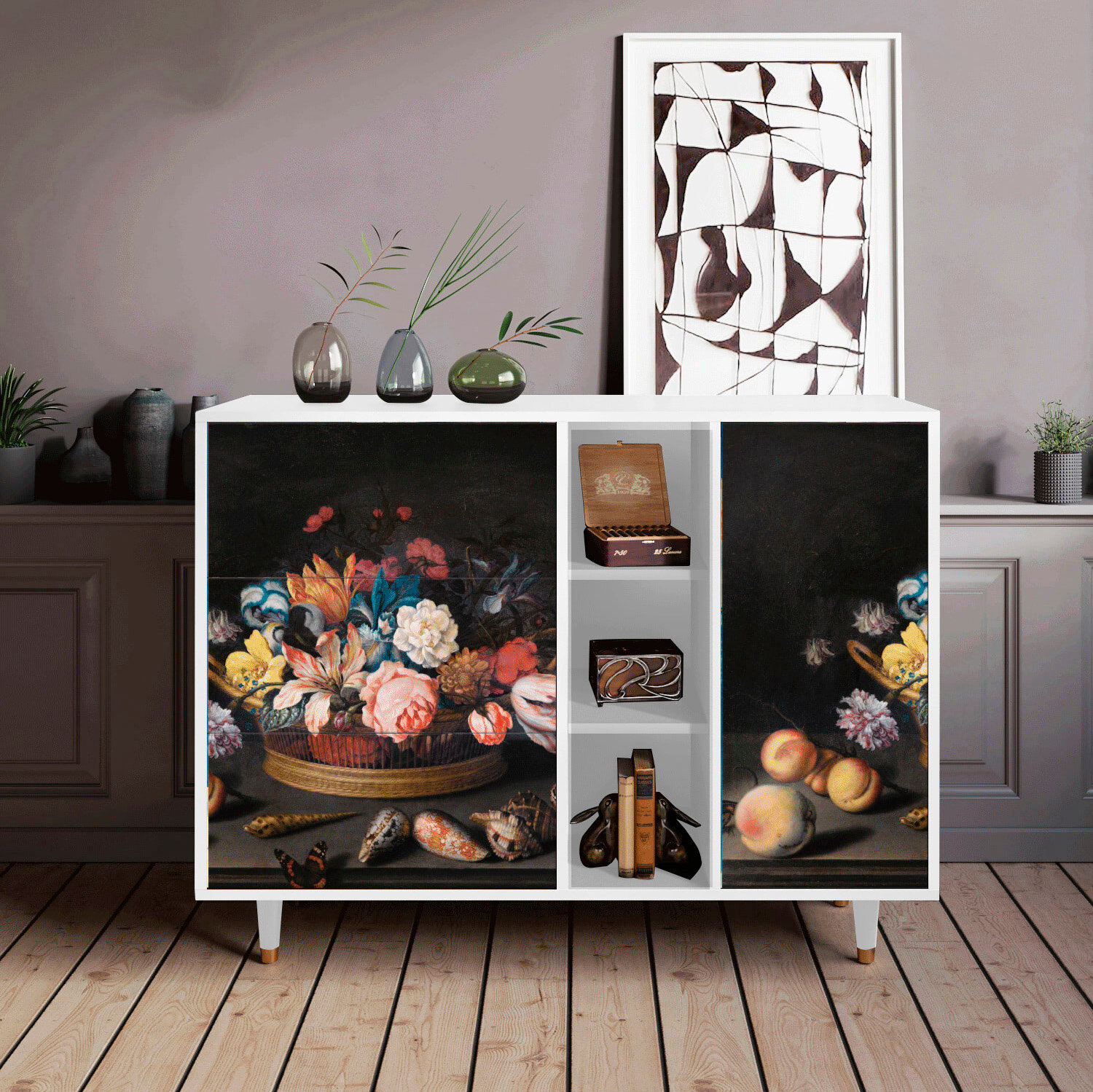 Комод - STORYZ - BS2 Still Life with Flowers and Shells by Balthasar van der Ast , Разер - 125 x 97 x 48 см , Цвет корпуса - Белый