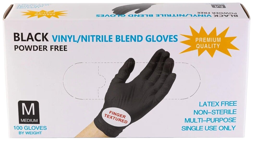 Перчатки одноразовые, винило-нитриловые, хозяйственные, неопудренные, черный, 100 шт, 50 пар, M