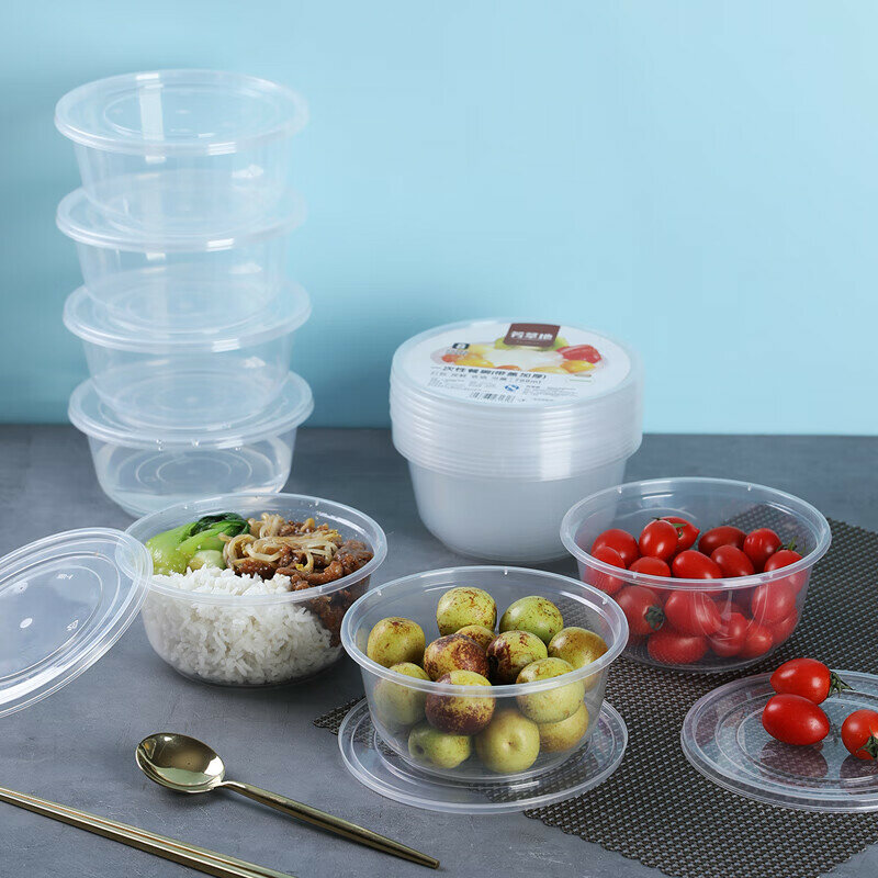 Fangcaodi Disposable Round Takeout Boxes, 620ml*40 Pieces, Plastic Containers for Meals, Bowls for Dumplings And Tangyuan, Food Storage Boxes with Lids