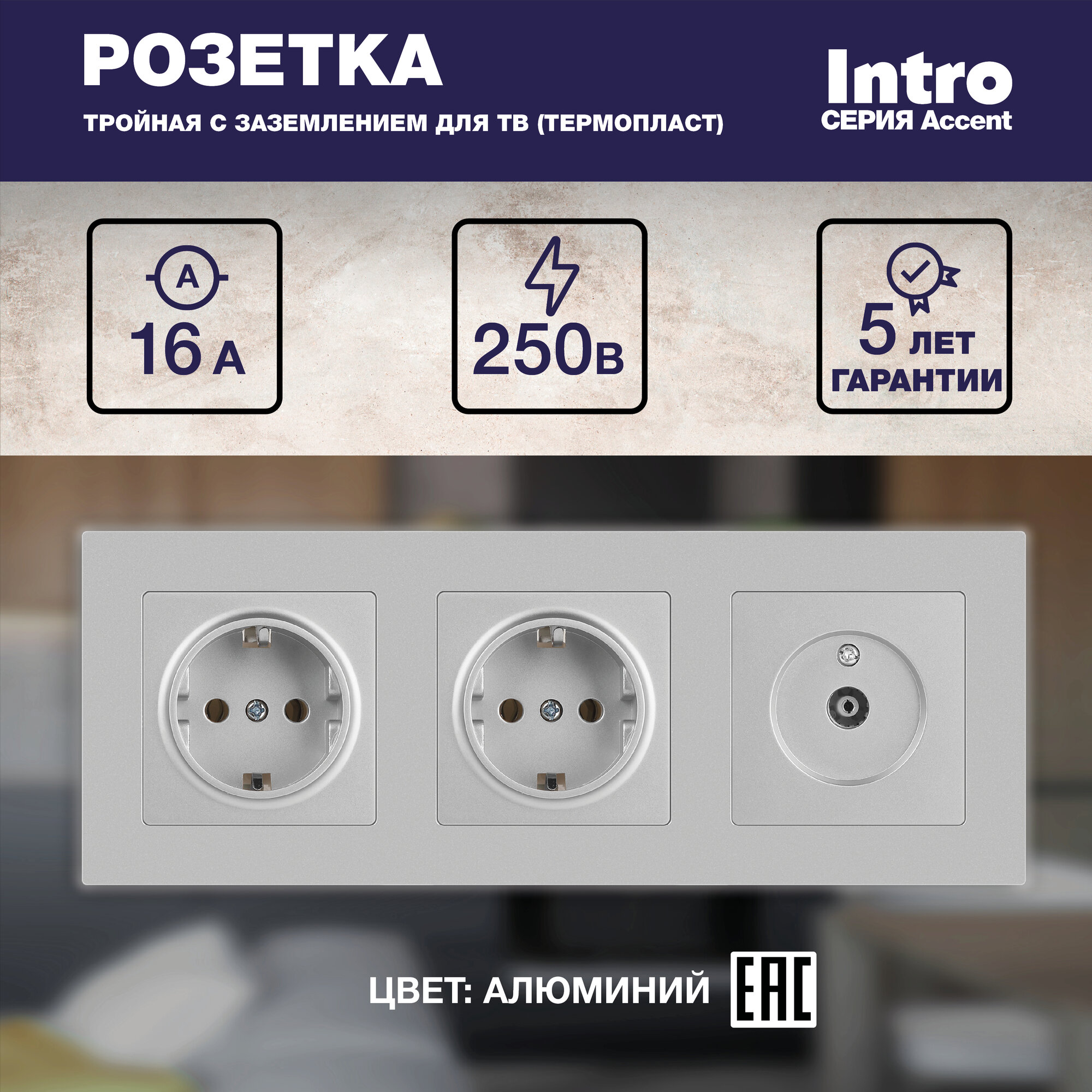 Тройная розетка с заземлением Intro Accent 6М-321-03 для ТВ алюминий