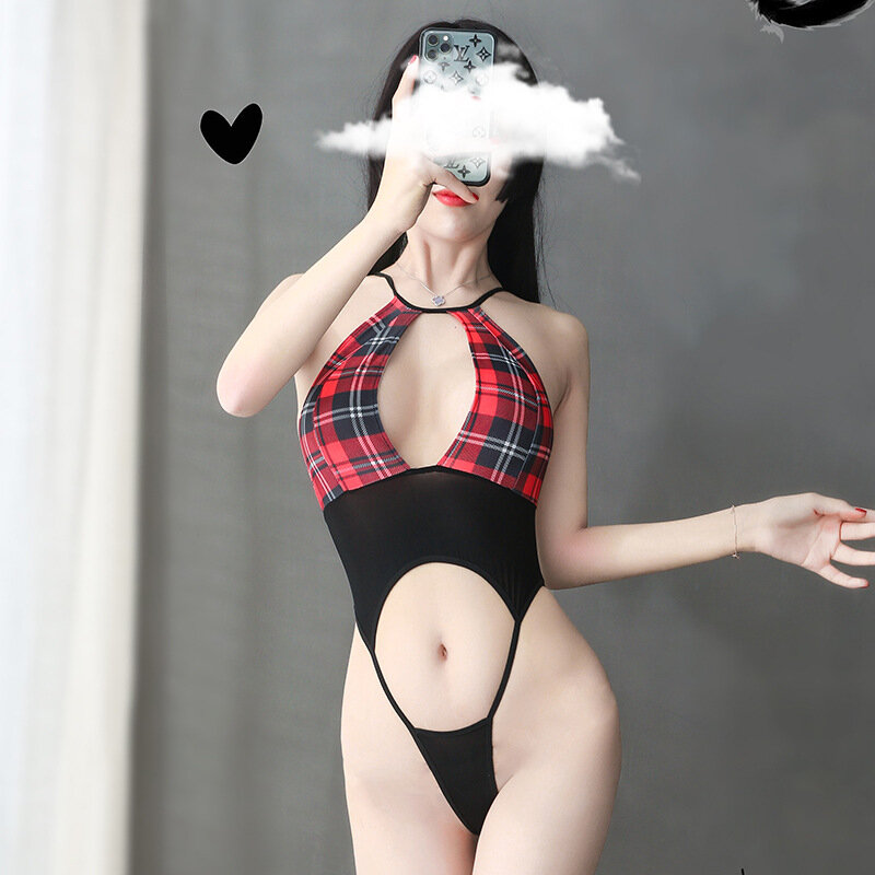 JSY Timely Rain Ролевой комплект нижнего белья в виде школьной формы, клетчатая юбка, соблазнение COS19268. Красная клетка (один боди)
