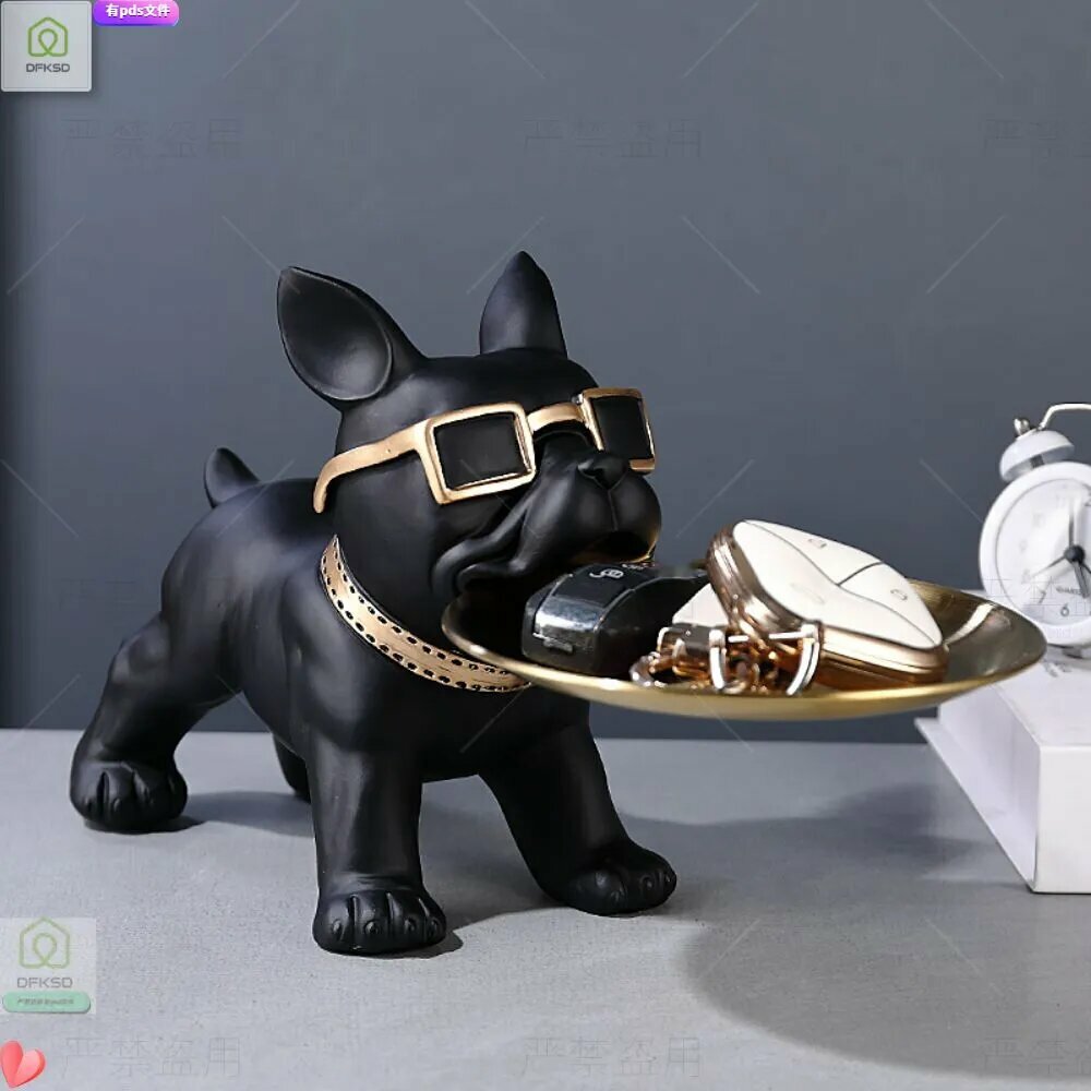 Статуэтка интерьерная французский бульдог в современном стиле, декоративная подставка для мелочей, конфетница, собака с подносом