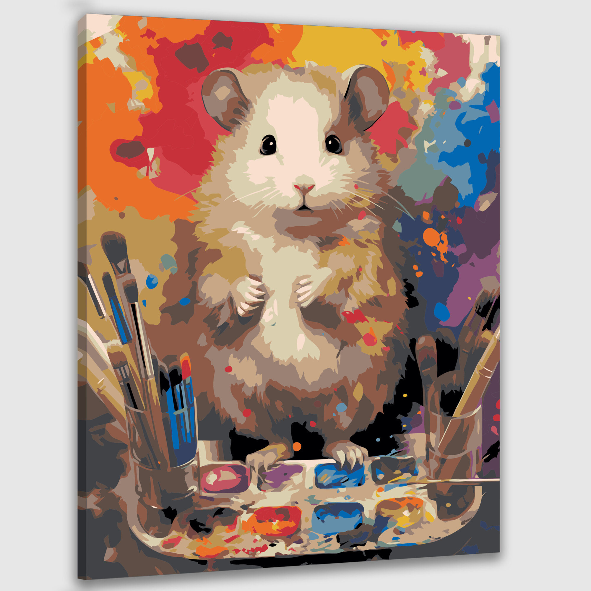Картина по номерам 40x50 см, цифровая иллюстрация, художник-хомячок, кисть, палитра, лапки, тюбики с краской, брызги