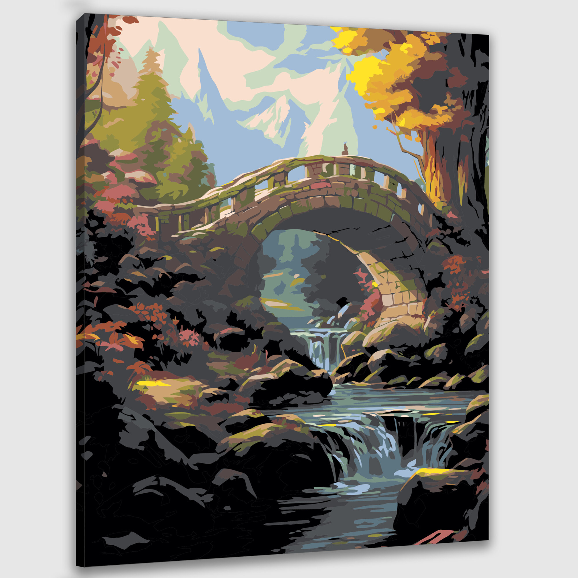 Картина по номерам 40x50 см, каменный мост, дуга, ручей, цветы, лесные обитатели, очарование, спокойствие