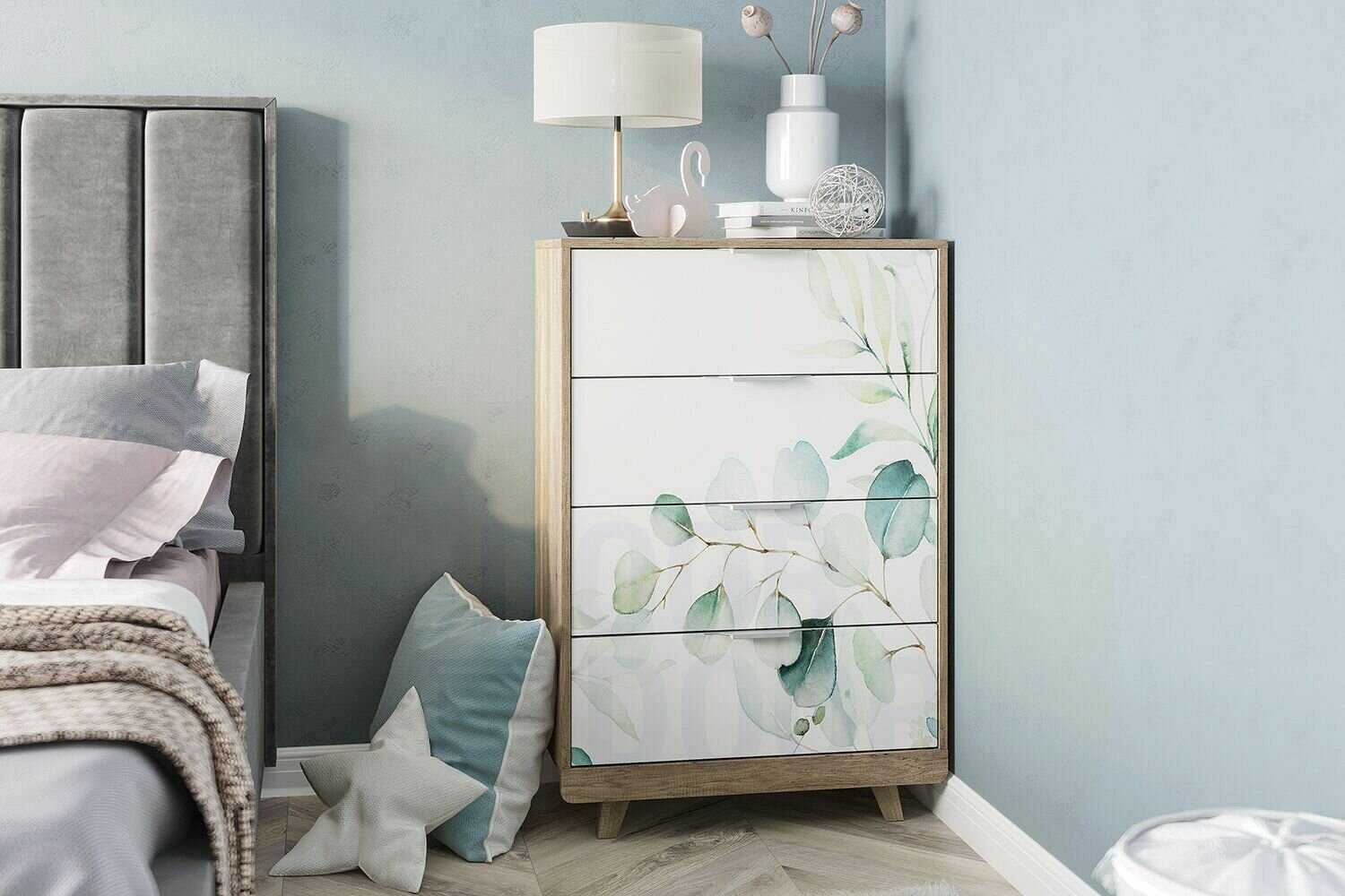 Комод Мегаполис КМ-02, дуб каньон/фотопечать эвкалипт, 70х105.2х40.4 см.