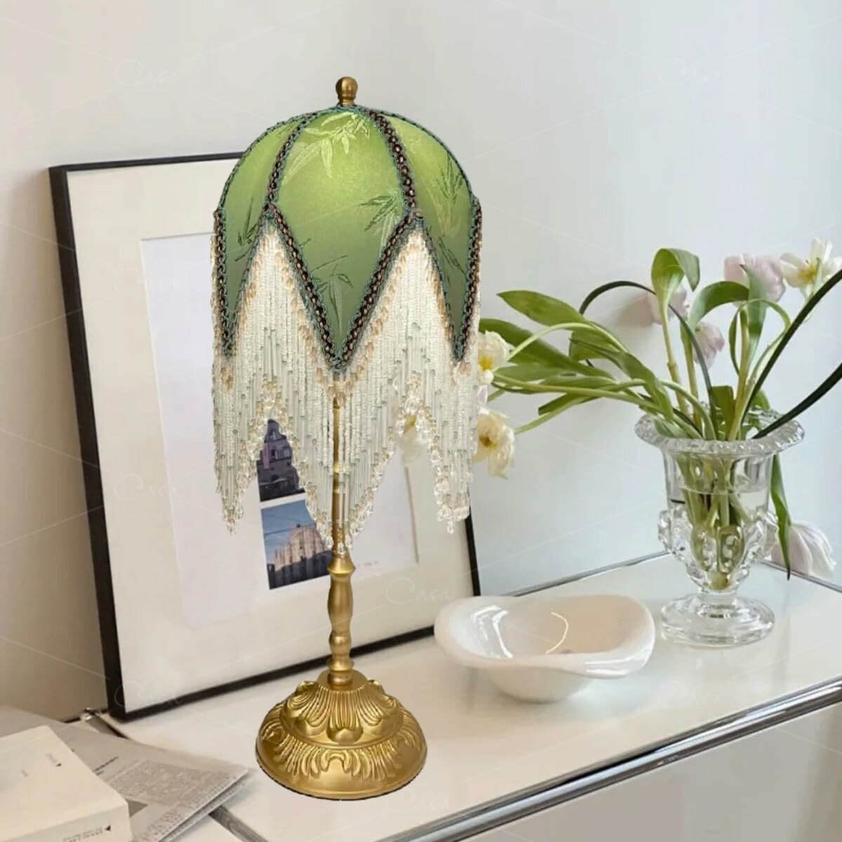 Винтажная настольная лампа с бахромой в викторианском стиле, французская ретро лампа для спальни с 3 режимами диммирования и тканевым абажуром