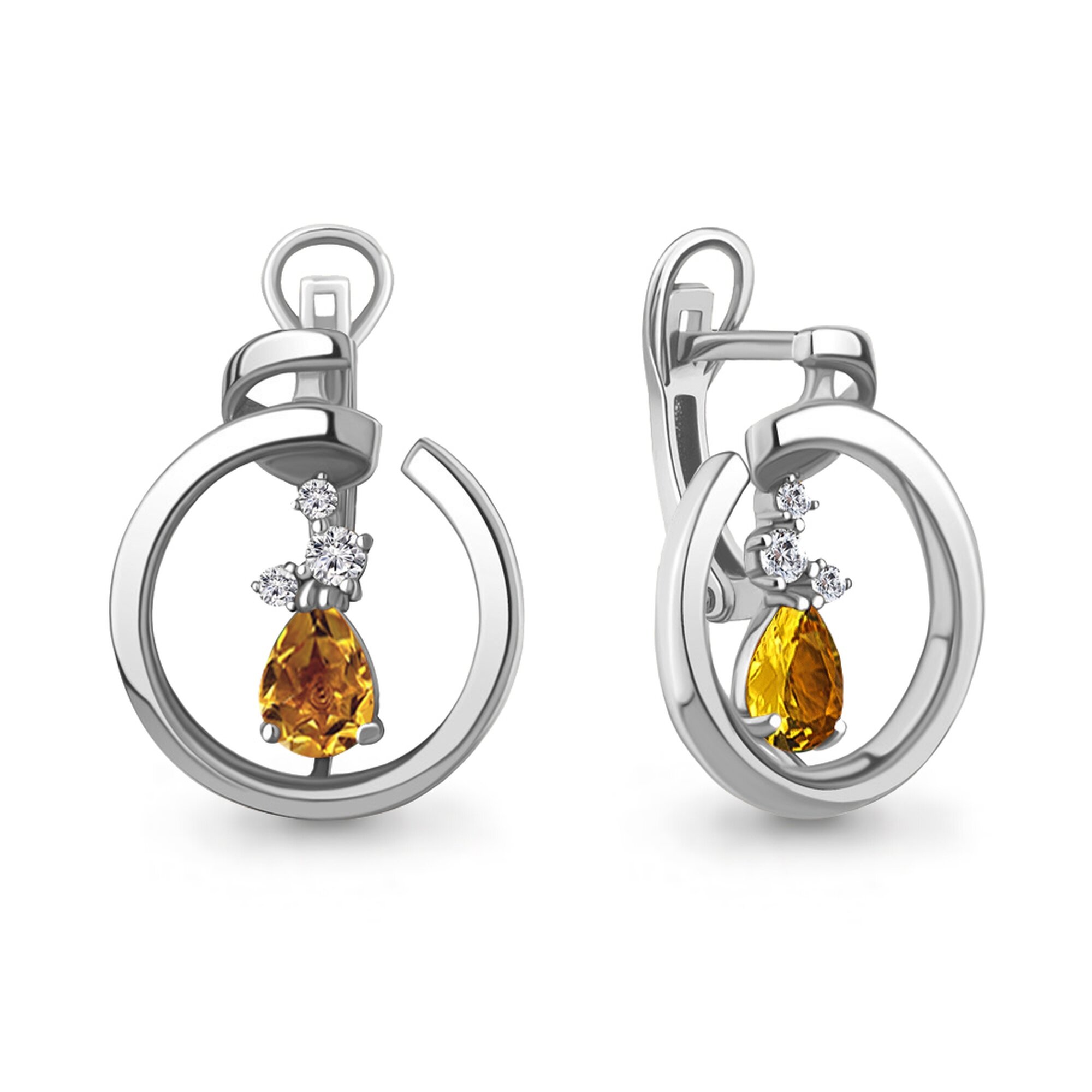 Серьги, серебро, 925 проба, родирование, фианит, цитрин