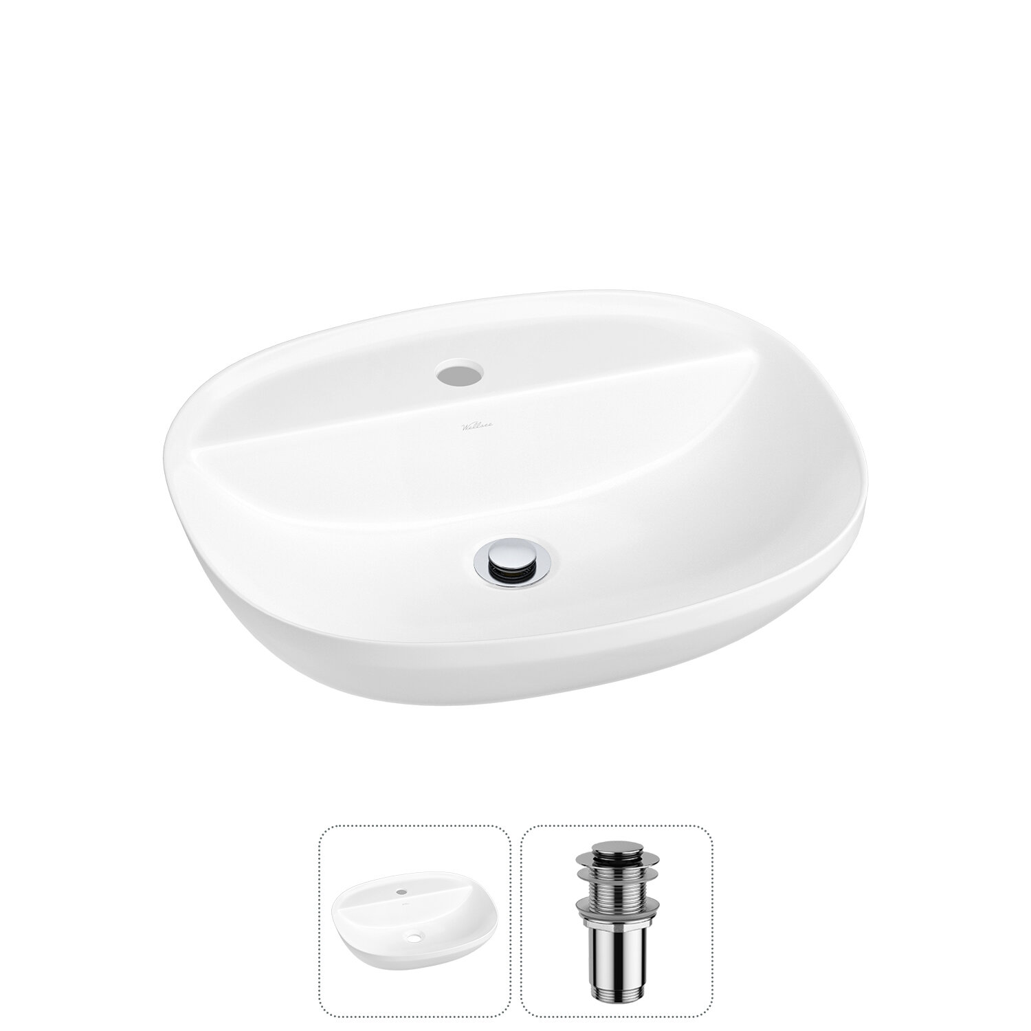 Накладная раковина в ванную комнату Wellsee Cute Twin R 20213338R в наборе 2 в 1: раковина 50 см в цвете белый глянец, донный клапан в цвете хром