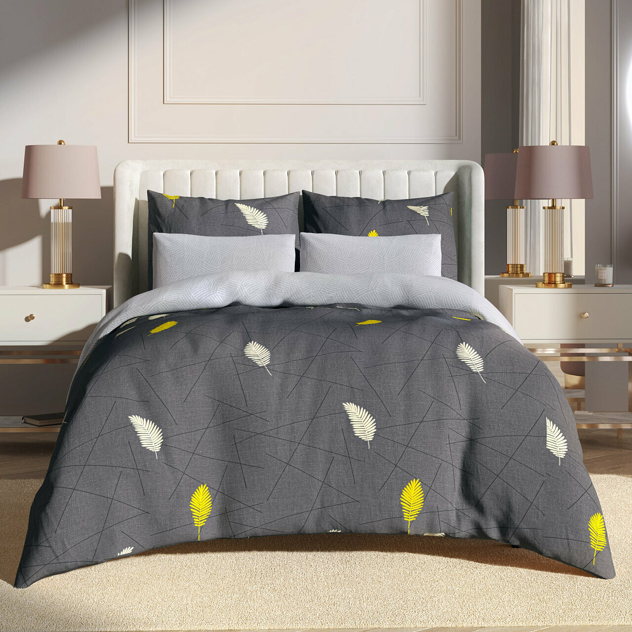 Постельное белье евро с пододеяльником на молнии Гармоника "Фонтейн", сатин (100% хлопок), серый, Ecotex