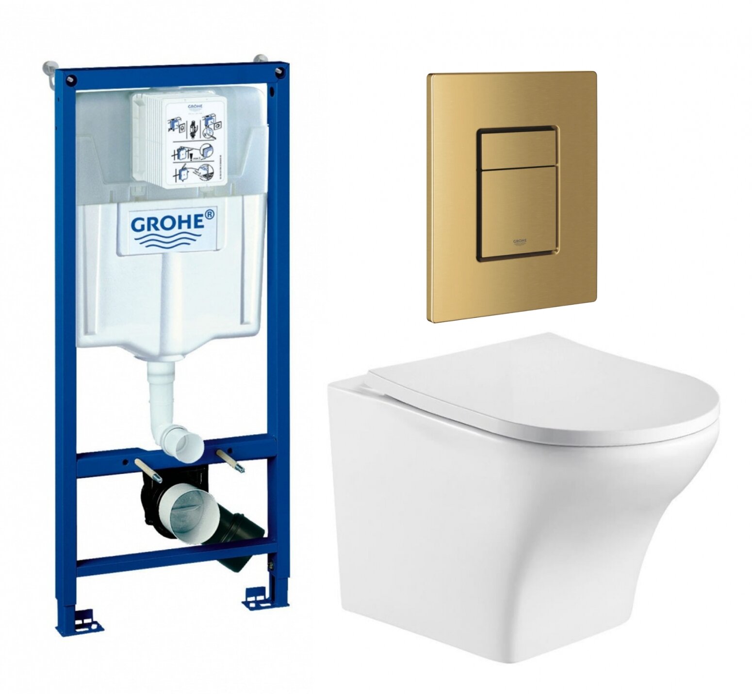 Комплект 3 в 1 инсталляция Grohe Rapid SL + Подвесной унитаз WeltWasser Odenbach 004 GL-WT + кнопка золото, холодный рассвет матовый