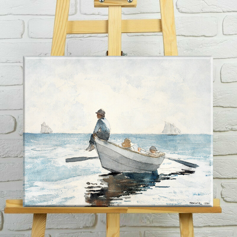 Картина на холсте 50х70 см "Хомер художник, лодка в море, рисунок", на стену для интерьера