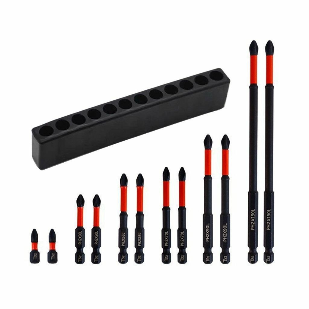 (1 набор) Противоскользящие ударные крестовые биты (магнитные) - набор из 12 штук + полоски для хранения