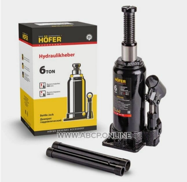 Домкрат гидравлический, бутылочный (6т) 200-385мм с предохранительным клапаном HOFFER