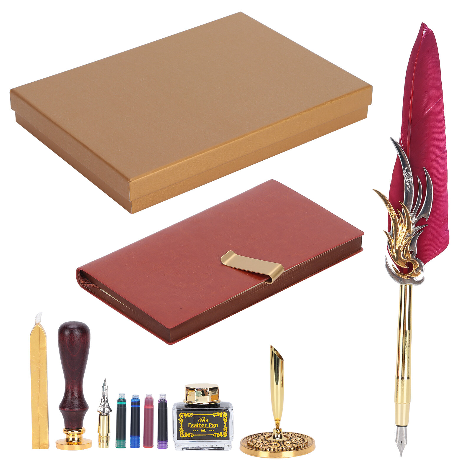Dip Calligraphy Pen Set Feather Ink Sac Fountain Gift Box Kit with Lacquer Stamp ToolSP139006 Wine Red