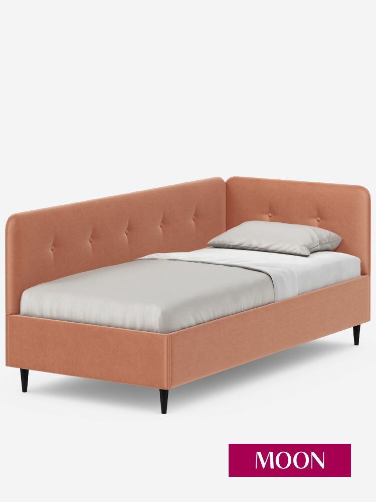 Кровать односпальная, подростковая, с подъемным механизмом на ножках, MOON FAMILY 1253, размер 90х200 см, велюр оранжевый, ящик для белья, правая боковая спинка. Ортопедическое основание в комплекте