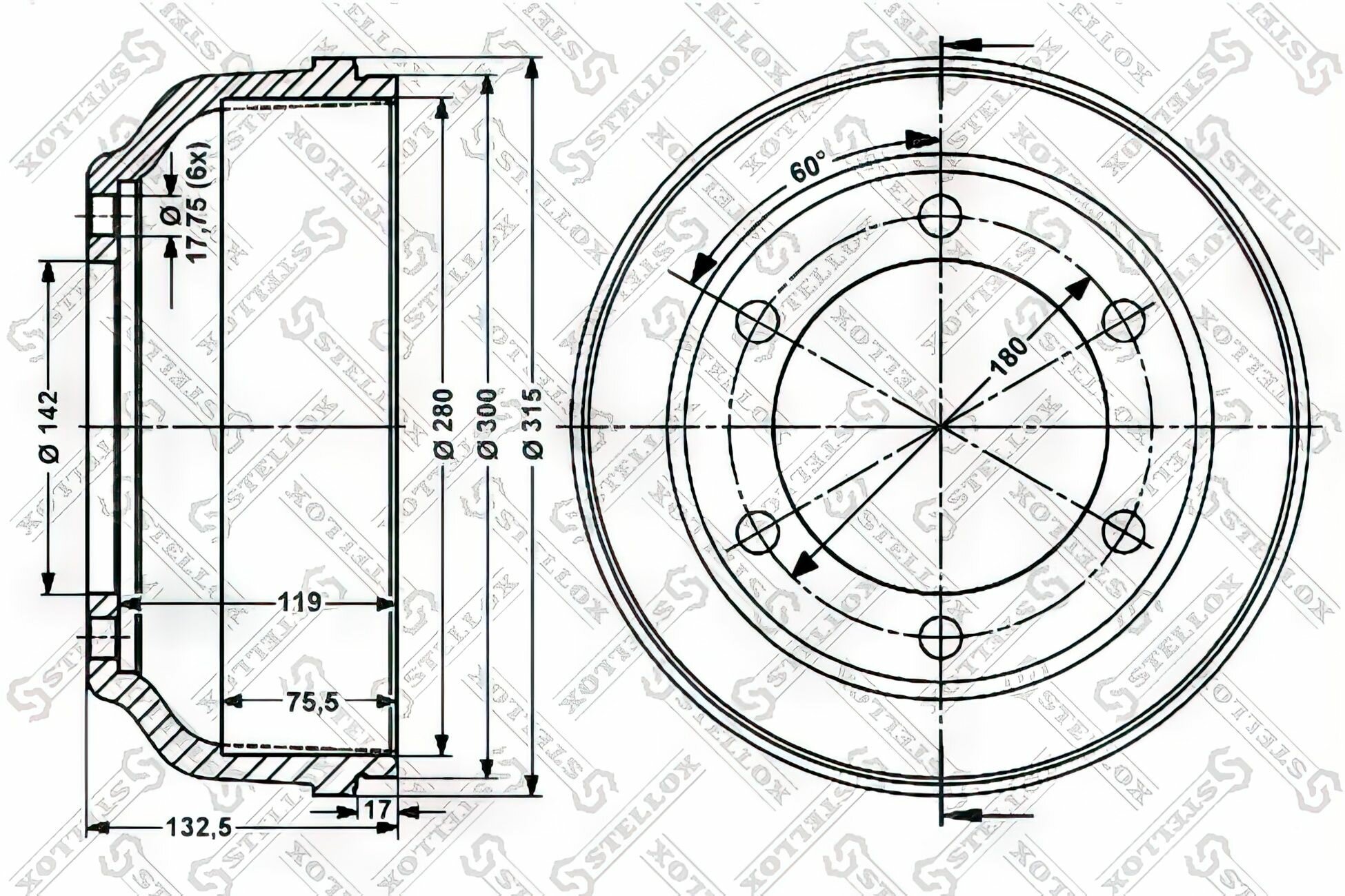 Барабан тормозной задний для Форд Транзит, Турнео, МАН, M90 6026-2509-SX STELLOX