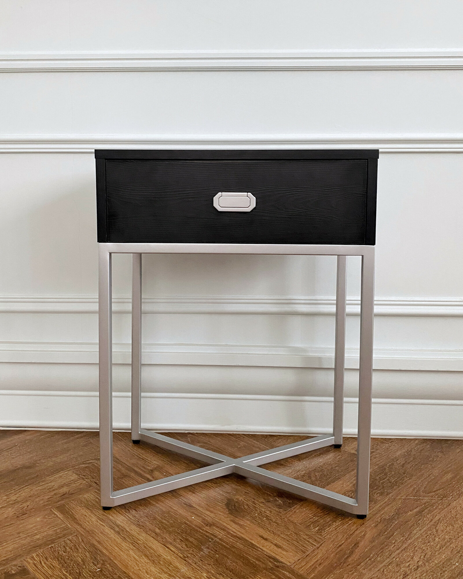 Тумба Равенна фрейм 458 с ящиком ламинация под черное дерево на серебристом металлическом каркасе