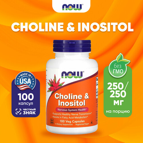 Now Foods Choline & Inositol 250/250mg 100 veg caps НАУ Холин Инозитол 250/250 мг 100 веганских ...