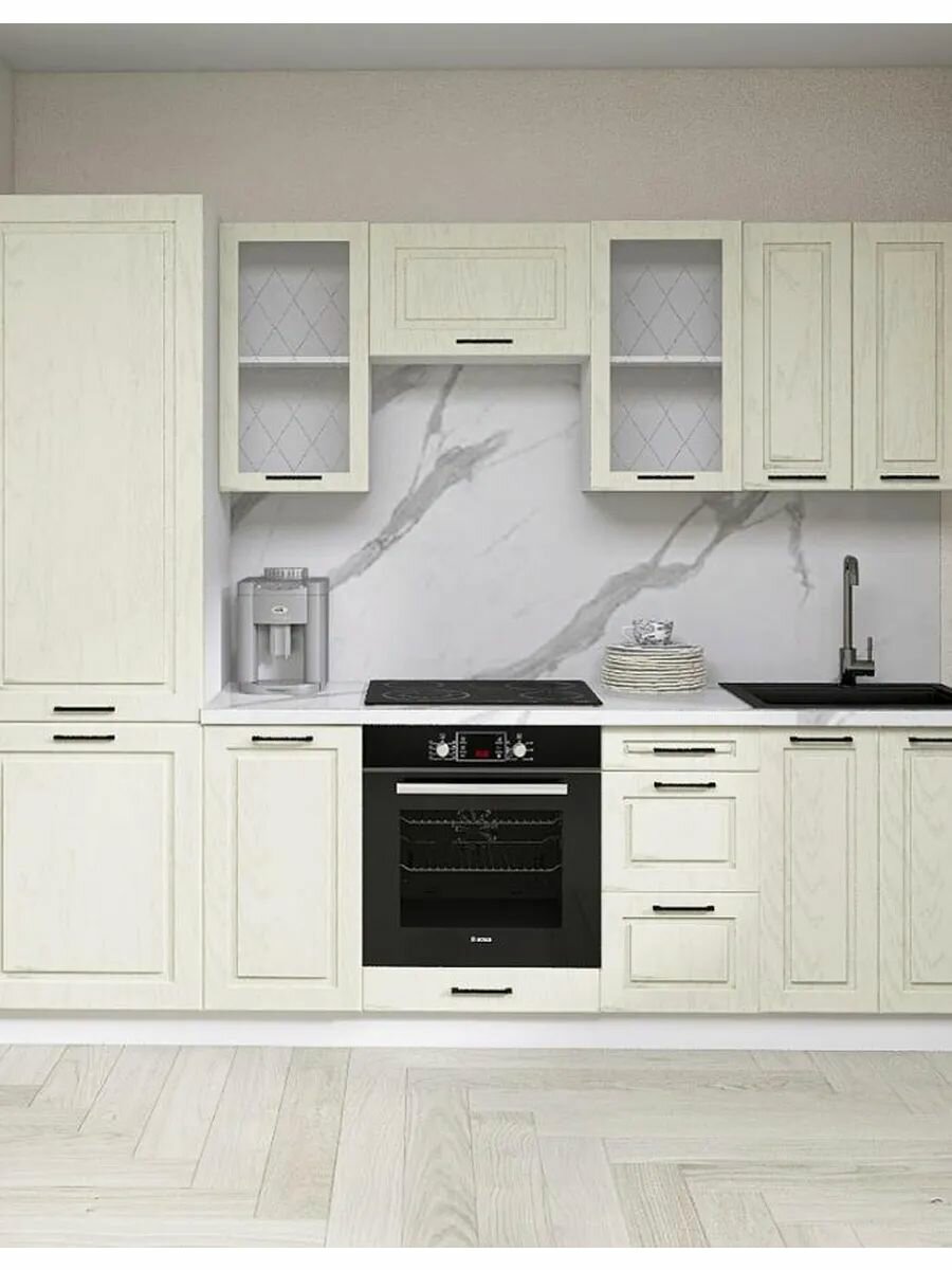 Кухонный гарнитур Шервуд 2.6 м, мебель для дома и кухни, Белый / Дуб кремовый матовый со стеклом