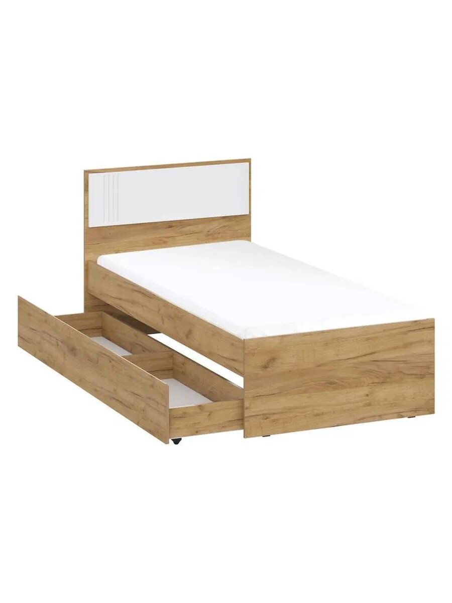 Кровать Ларенс 90х200 см, с выкатным ящиком, с основанием настил, Дуб золотой / Белый матовый