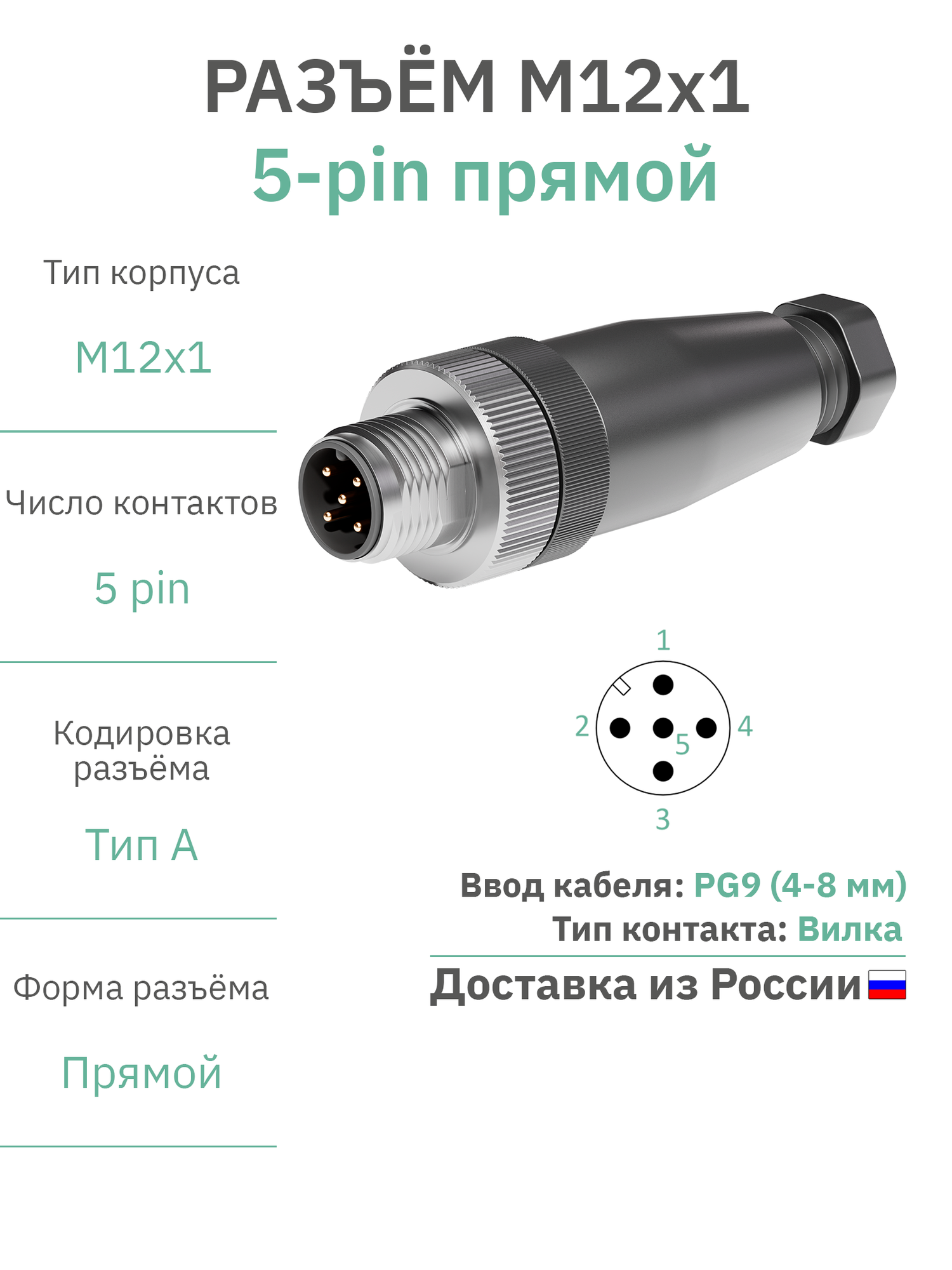 Разъём М12 5 pin прямой / вилка (папа) / PG9 (4-8 мм диаметр под кабель) / модель RAZM-M12-C5-PG9