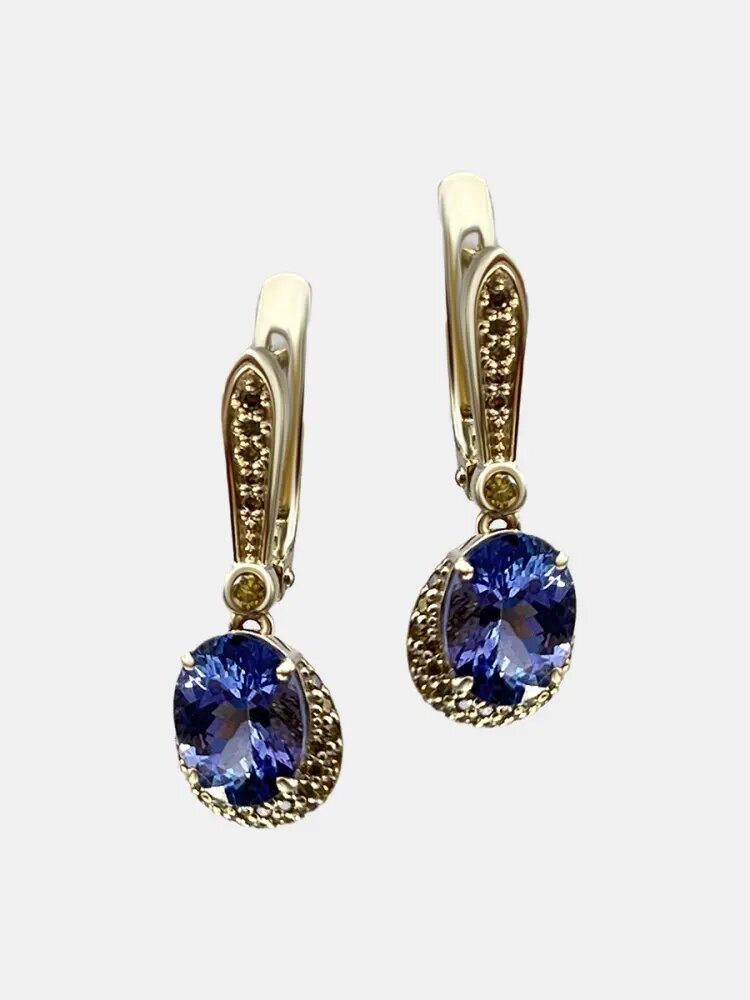 Серьги с подвесками, желтое золото, 375 проба, бриллиант, танзанит