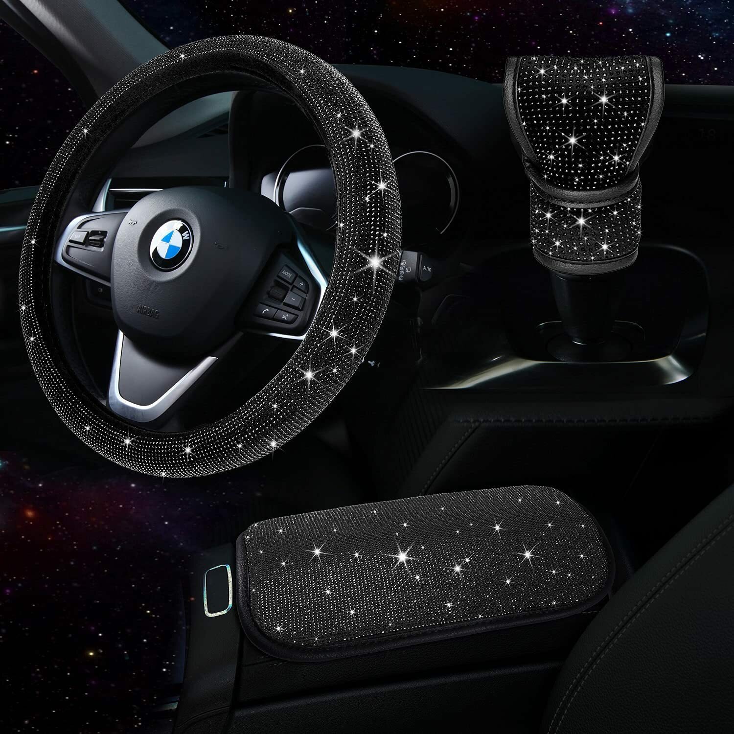 Набор из 3х предметов: оплетка, чехол и накладка для салона авто со стразами, черный