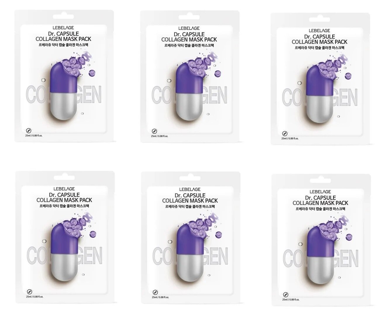Маска Lebelage для лица Dr. CAPSULE COLLAGEN MASK PACK , тканевая с коллагеном , 25 мл, 6 шт