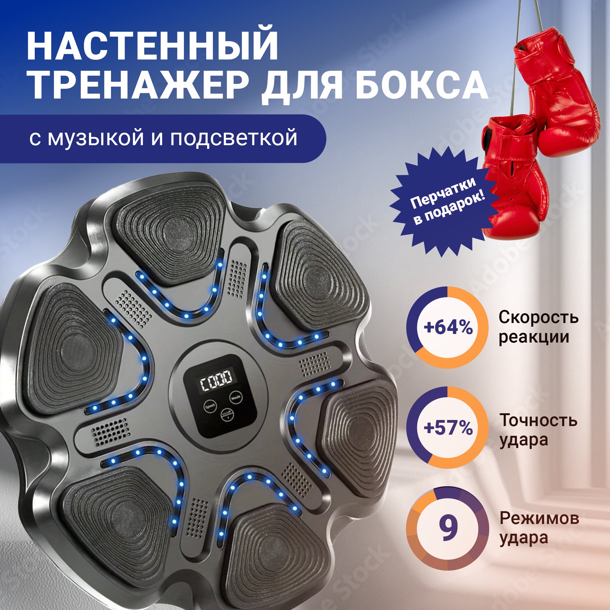 Настенный тренажер для бокса / Домашнее спортивное с bluetooth и подсветкой удара / Музыкальный боксерский тренажер