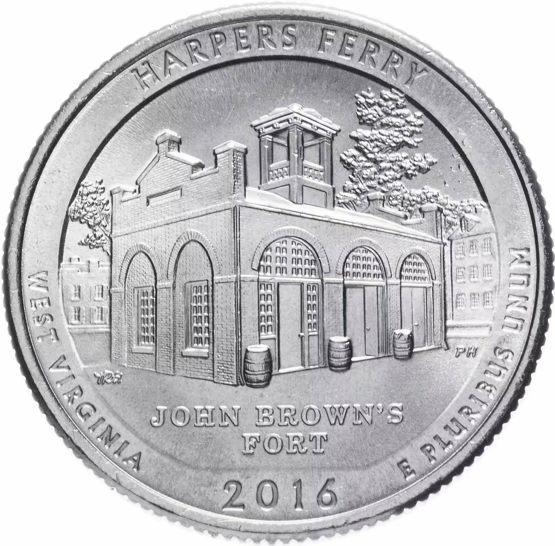 США 1/4 доллара 25 центов, квотер 2016 D — "Национальный исторический парк Харперс Ферри" 33-й парк, Медь, покрытая медно-никелевым сплавом, в сохранности UNC