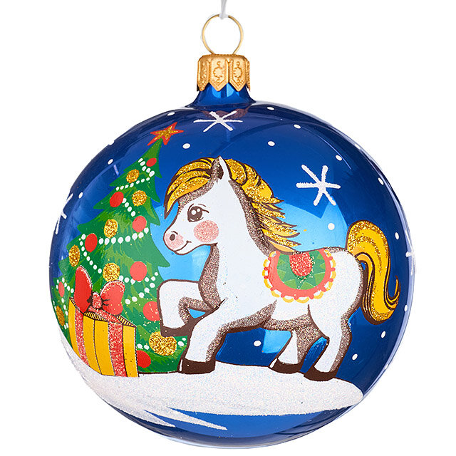 Стеклянный елочный шар Зодиак - Лошадка Лилу с подарком 9 см синий, Фабрика Елочка, С206-лош-3-син