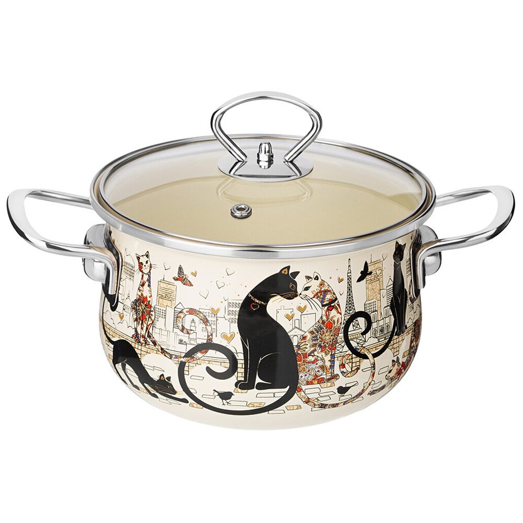 Кастрюля эмалированная "Парижские коты" 2л, диаметр 18см, индукционное дно
