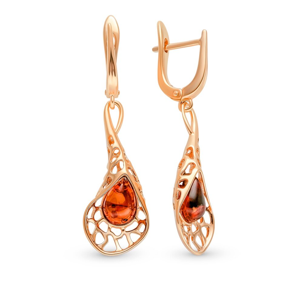 Серьги, серебро, 925 проба, золочение, янтарь