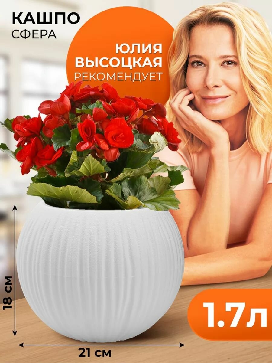 Кашпо для цветов сфера с дренажным донышком, 1,7 л, цвет белый