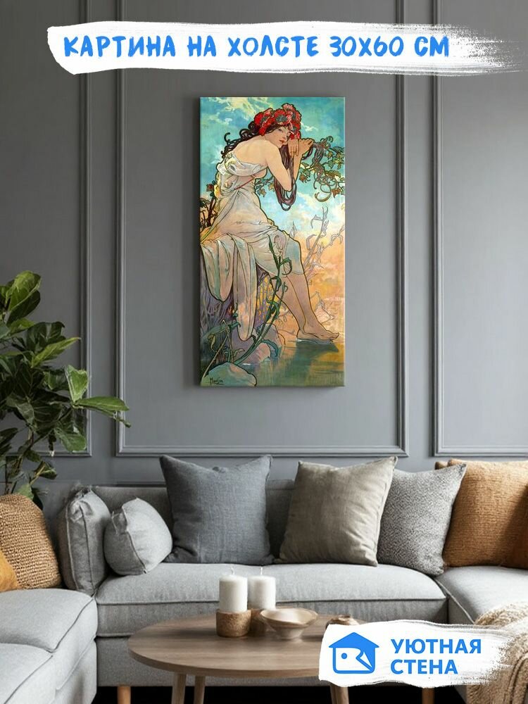 Картина на натуральном холсте Уютная стена "Альфонс Муха - Лето" 30х60 см