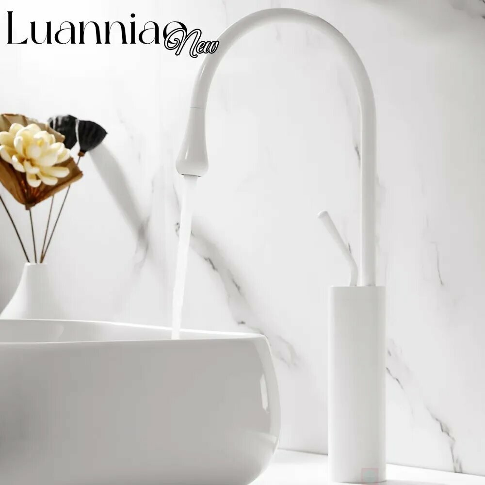 Смеситель Luanniao, латунный, поворотный излив, 30 см, белый