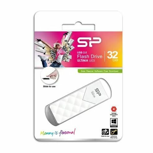 Память USB Flash 32 ГБ Silicon Power Ultima U03 (SP032GBUF2U03V1W) - USB 2.0, до 30 Мбайт/сек, монолит с колпачком, пластик