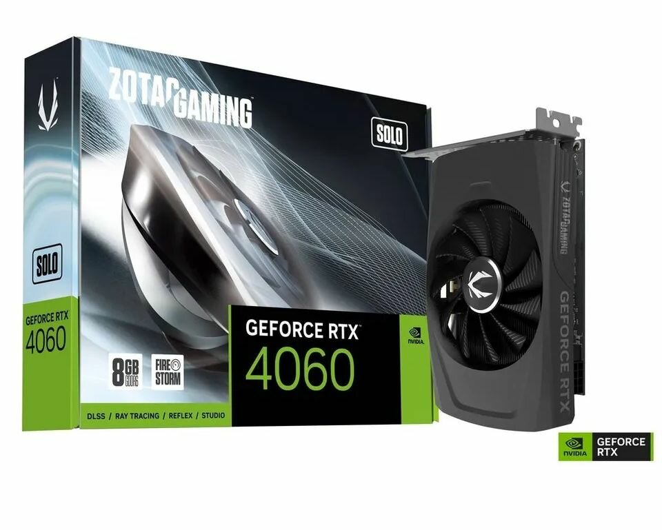 Видеокарта ZOTAC GeForce RTX 4060 SOLO (ZT-D40600G-10L) - PCI Express 4.0, 8 ГБ, GDDR6, 128 бит, DisplayPort, HDMI
