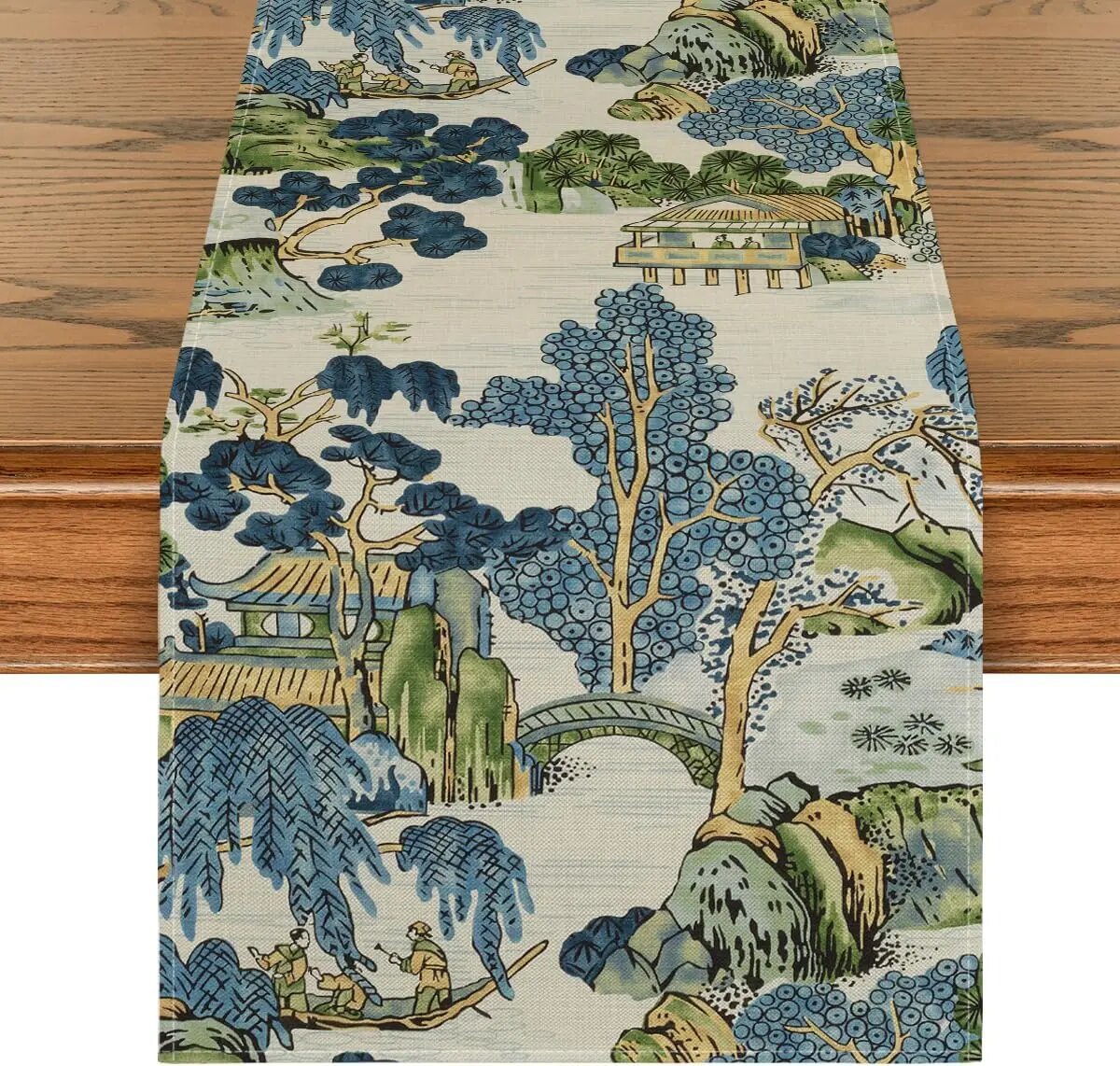 Винтажный горный дом в стиле шинуазри, деревья, льняная дорожка для стола, декор для кухонного стола, многоразовая дорожка для кухонного обеденного стола, декор для вечеринки
