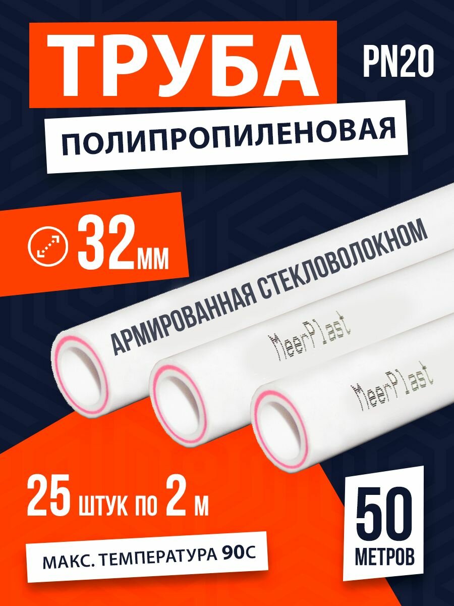Труба полипропиленовая белая PPR 32х4.4 мм, 50 метров, армированная стекловолокном (PN 20), для системы отопления и водоснабжения