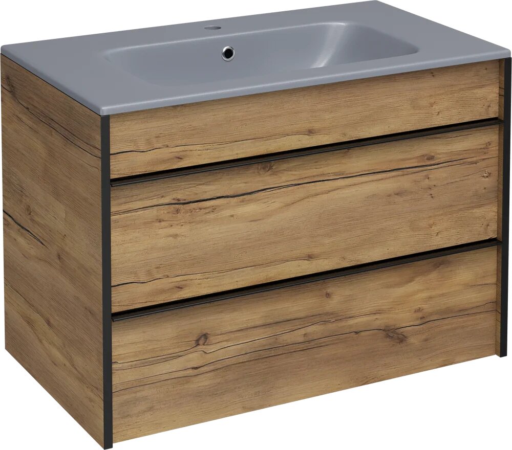 Тумба с раковиной STWORKI Гриндстед 80 подвесная, напольная, 81, 5 см, светлое дерево, матовая, из ЛДСП, с ящиками, раковина для ванной фаянсовая, прямоугольная, встроенный слив-перелив, лофт