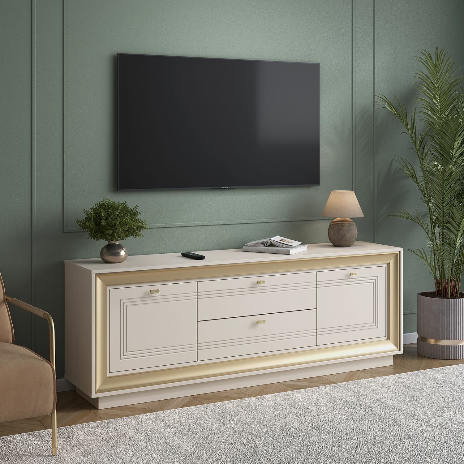 Тумба под телевизор Кураж Прато 1800, ЛДСП, МДФ, 2 ящика, 153,8 х 65,6 х 42,6 см